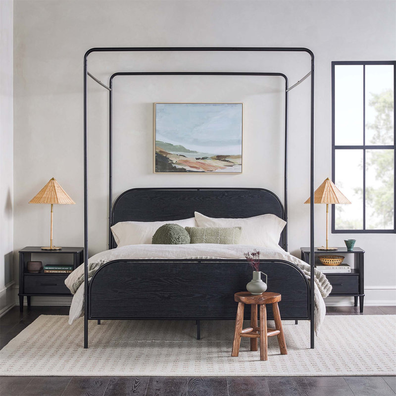 17 Stories Modern Metal and Wood Canopy Queen Bedframe Black Wayfair